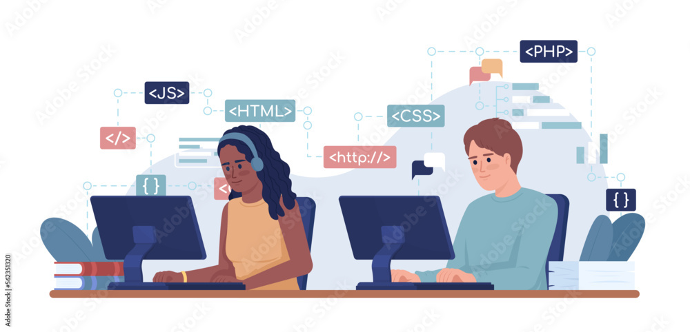 IT company 2D vector isolated illustration. Employees working in open ...