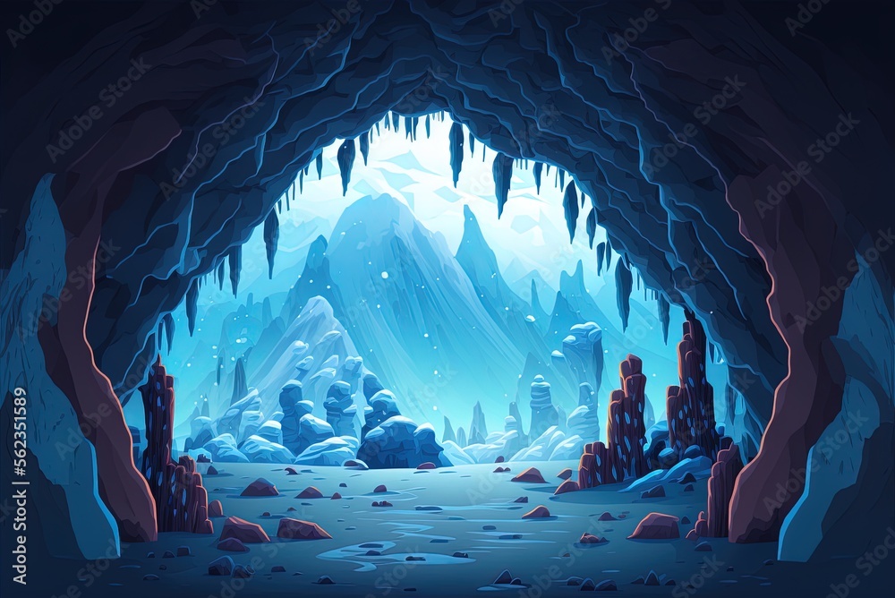 Cartoon mountain cavern with snow and stalactites, rocks, and a blue ...