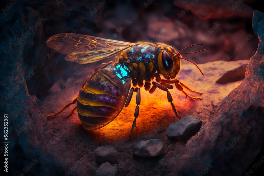 Giant hornet flying insect with glowing abdomen on rocky surface in ...