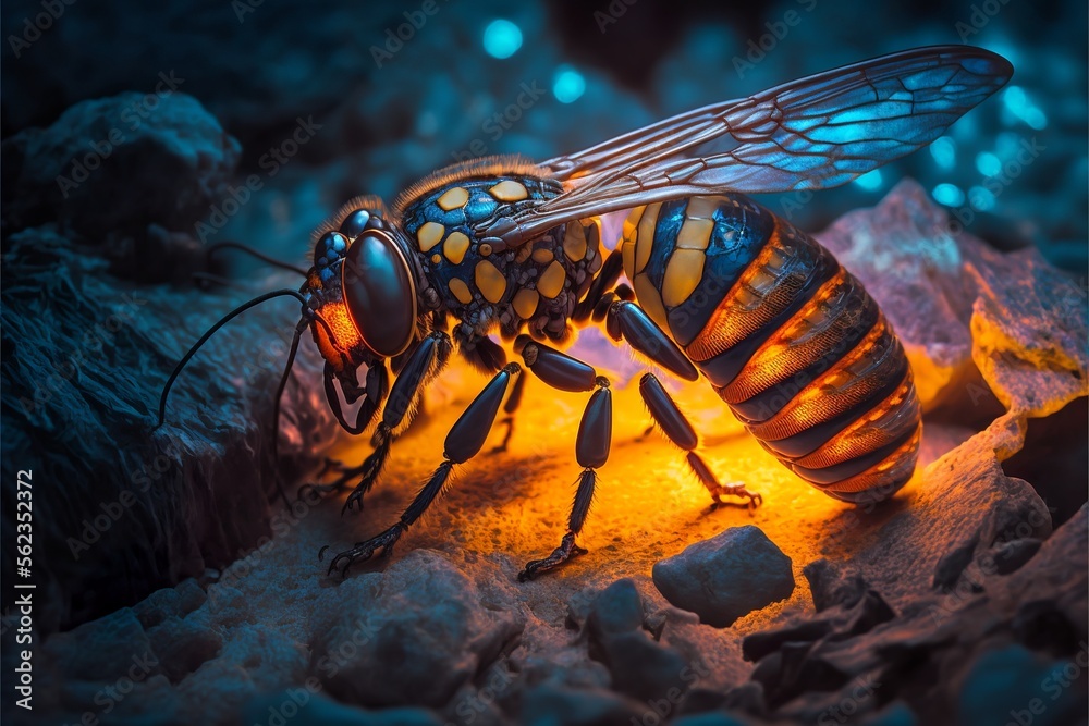 Giant hornet flying insect with glowing abdomen on rocky surface in ...