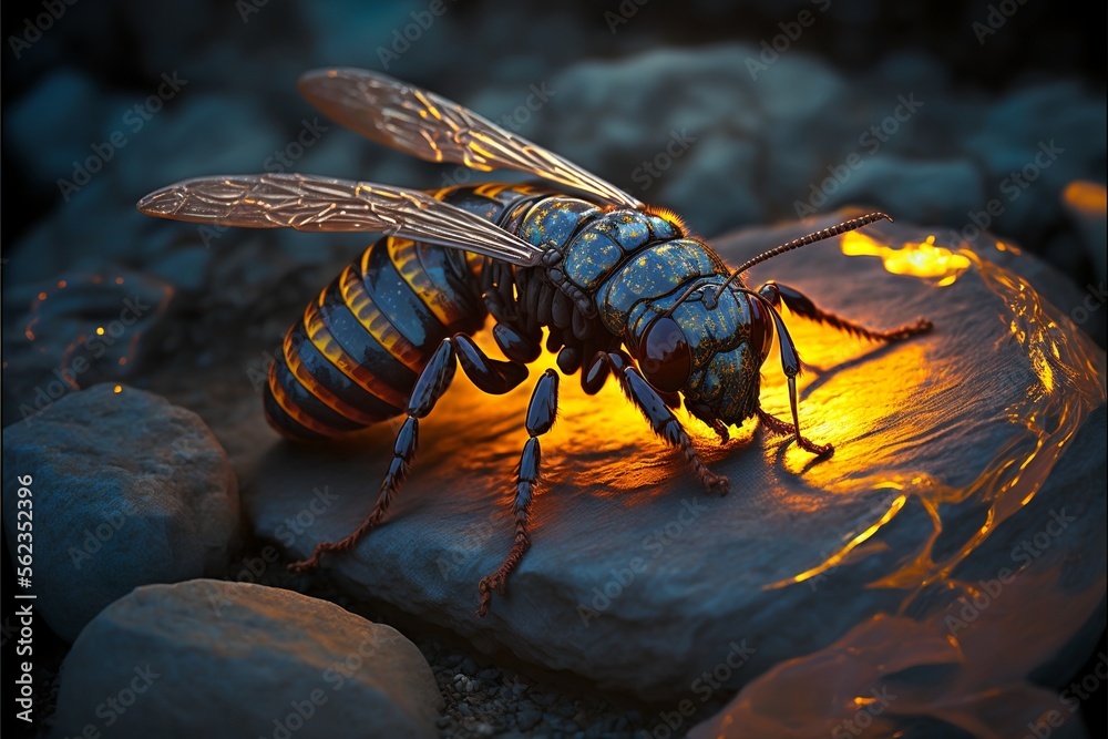 Giant hornet flying insect with glowing abdomen on rocky surface in ...