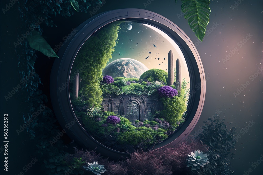 Spherical shaped futuristic botanical garden sphere in space with glass ...