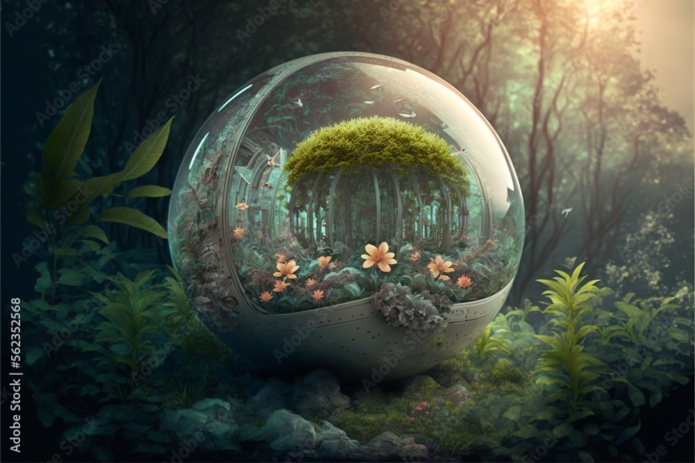 Spherical shaped futuristic botanical garden sphere in space with glass ...
