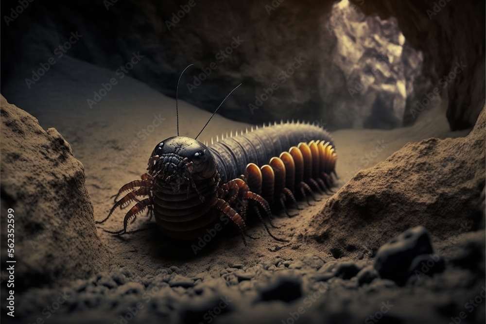 Giant centipede insect crawling in red rocky desert surface of a cavern ...