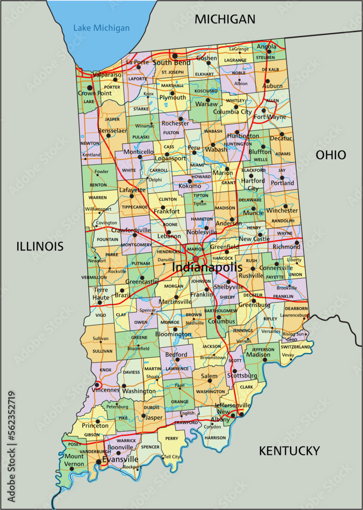 Indiana - Highly detailed editable political map with labeling. Stock ...