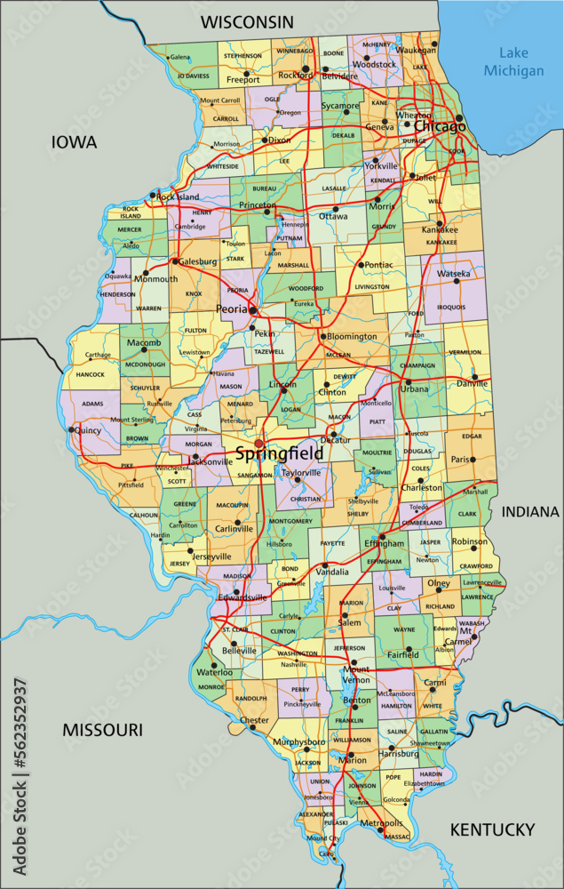Illinois - Highly detailed editable political map with labeling. Stock ...