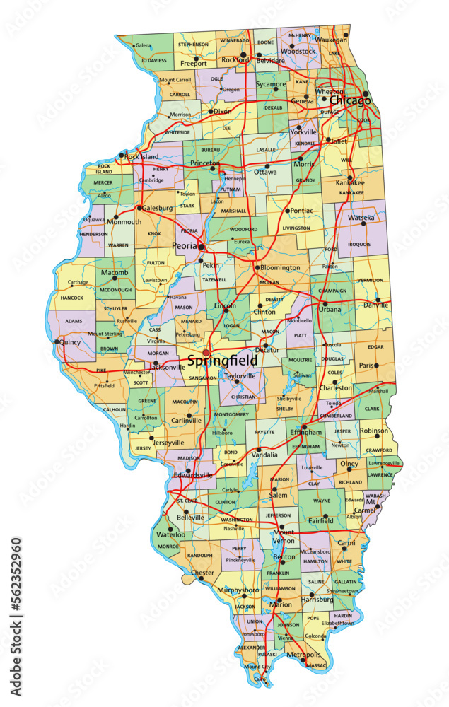 Illinois - Highly detailed editable political map with labeling. Stock ...