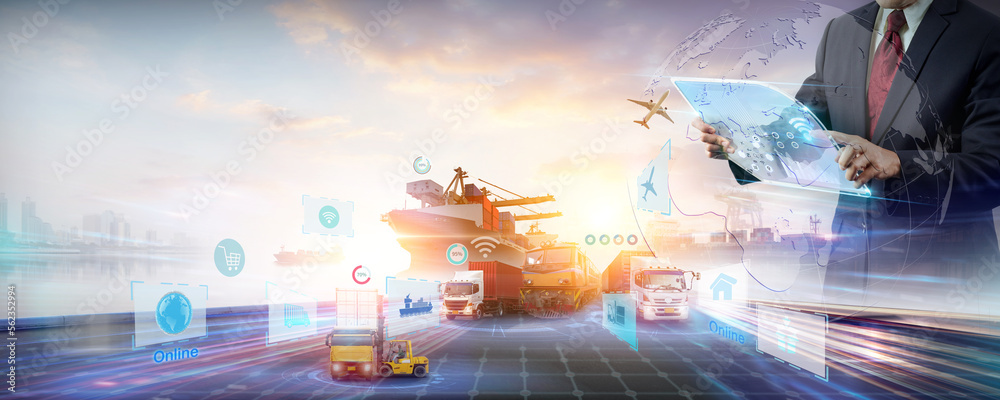 Smart technology logistics concept, Businessman touching virtual screen ...