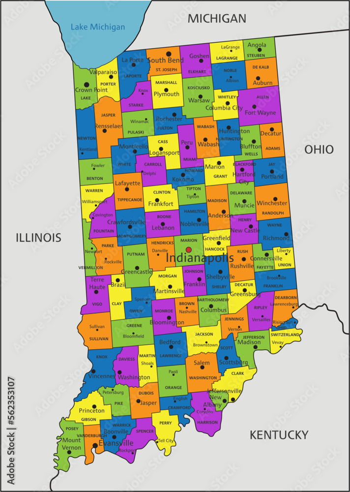 Colorful Indiana political map with clearly labeled, separated layers ...