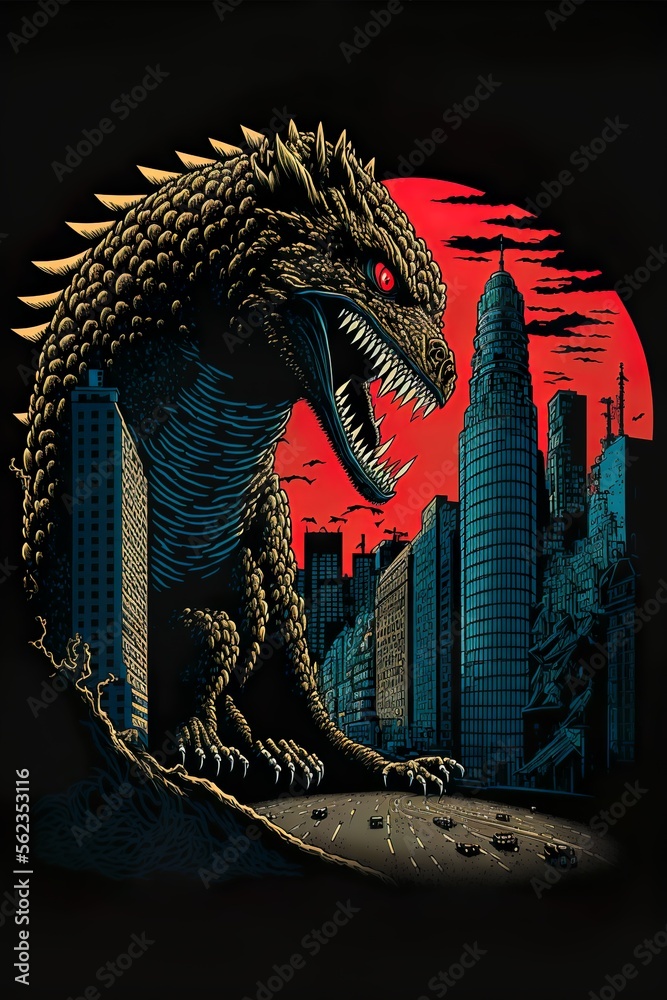 Retro style giant monster movie poster design with kaiju rampage in the ...