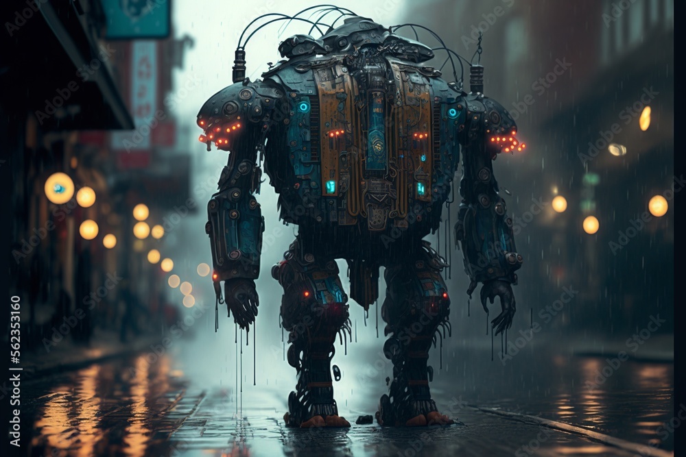 Dark sci-fi police robot guard in dystopian urban street cyberpunk ...