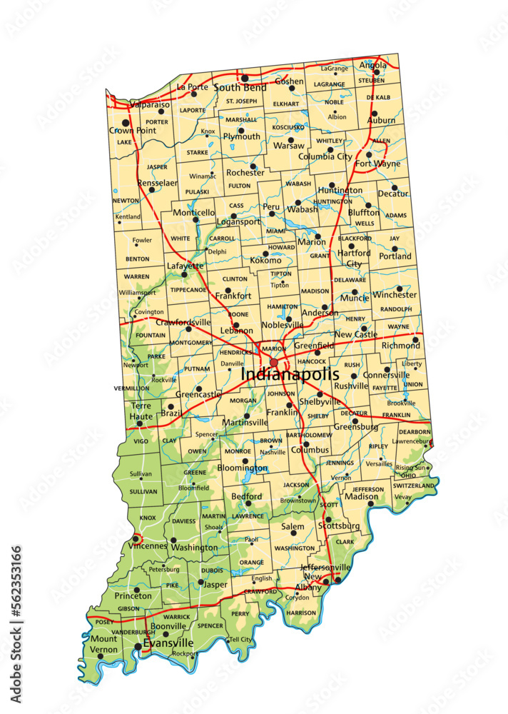 High detailed Indiana physical map with labeling. Stock Vector | Adobe ...