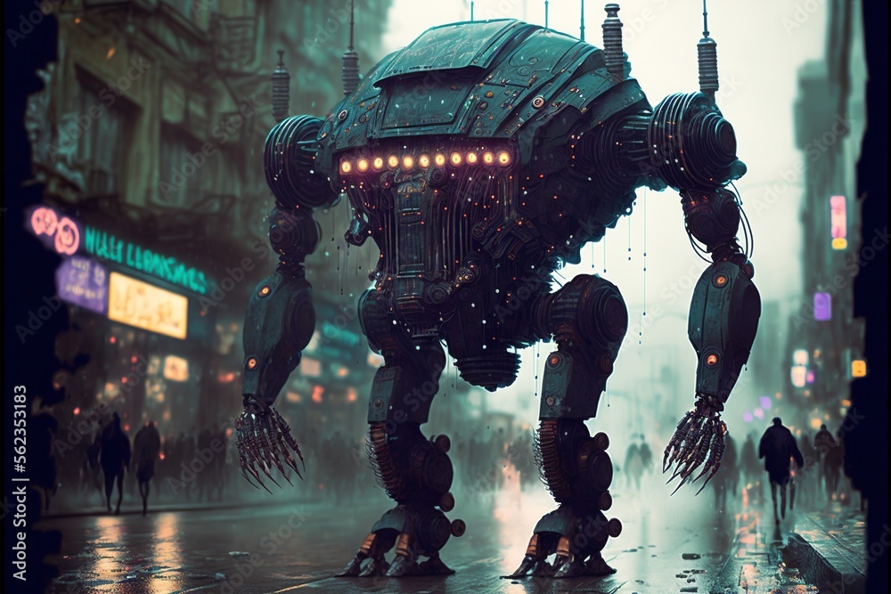 Dark sci-fi police robot guard in dystopian urban street cyberpunk ...