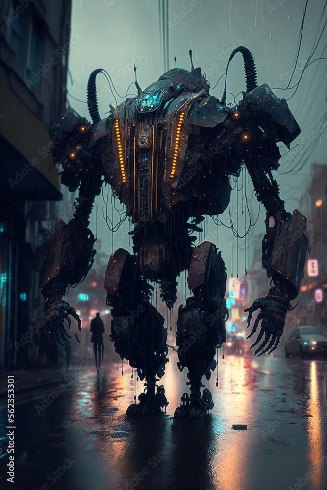 Dark sci-fi police robot guard in dystopian urban street cyberpunk ...