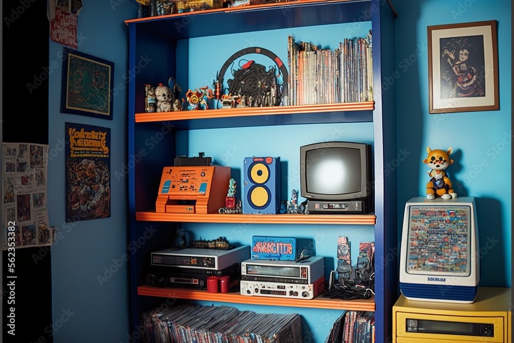 Retro kid's room interior with vintage devices and pop culture posters ...