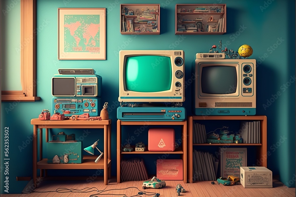 Retro kid's room interior with vintage devices and pop culture posters ...
