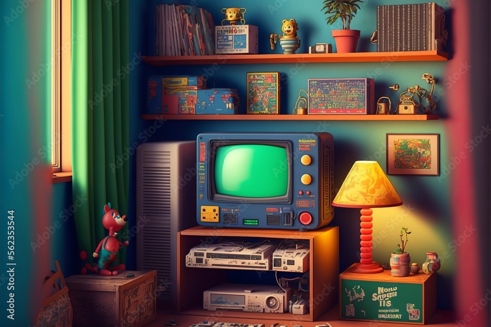 Retro kid's room interior with vintage devices and pop culture posters ...