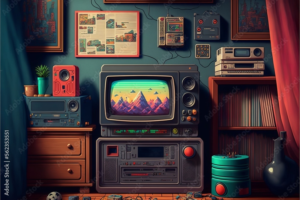 Retro kid's room interior with vintage devices and pop culture posters ...