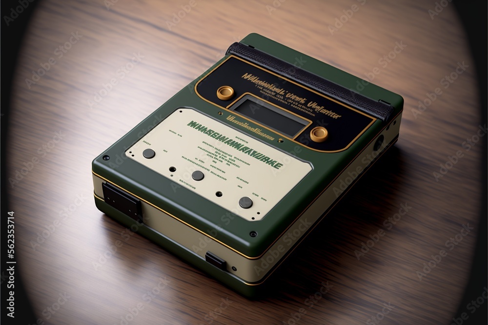 80s kids Retro walkman audio recording and player device on wooden desk ...