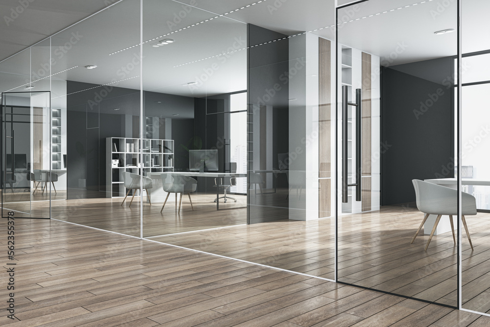 Perspective view on sunlit stylish office cabinets with modern interior ...