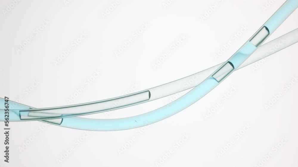 Macro of cyan transparent liquid is flowing in two transparent lab ...