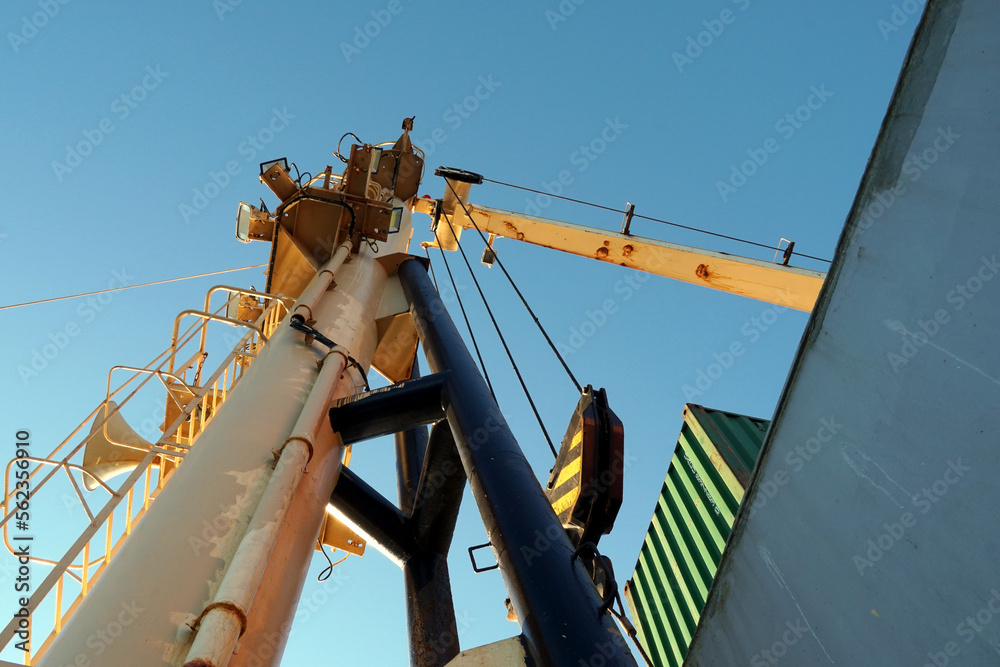 View on forward vessel cream colour mast with ladder and ship's foghorn ...