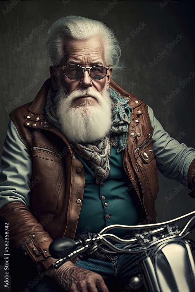 Cool biker grandpa with a beard, grandfather on a motorcycle, cool ...