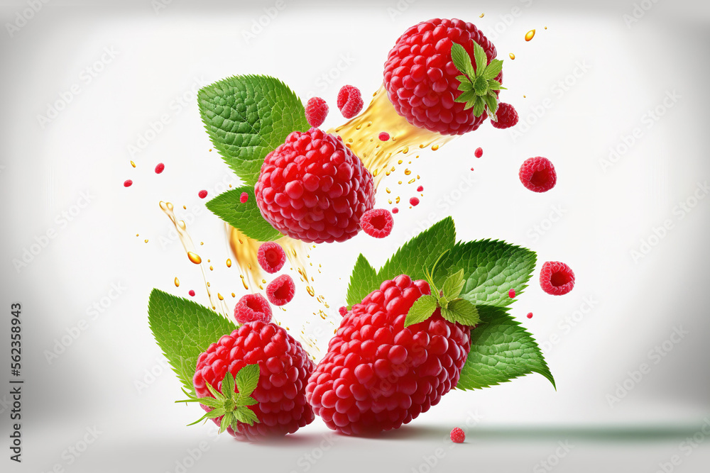 Raspberries that are just ripe and in the air, isolated on a white ...