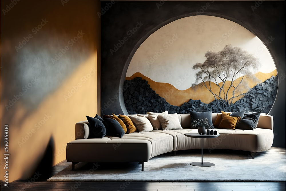 a modern living room in a minimalist millenium crib, high ceiling and ...