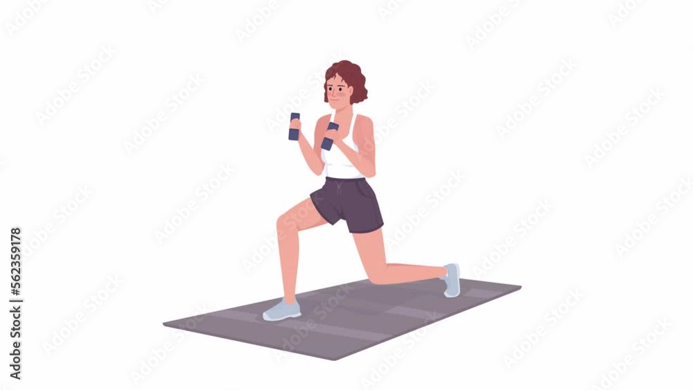 Animated doing lunges with weights. Exercise on mat. Full body flat ...