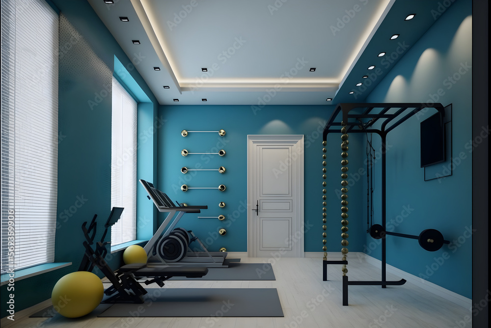 A modern gym room, in a minimalist millenium crib, high ceiling and ...
