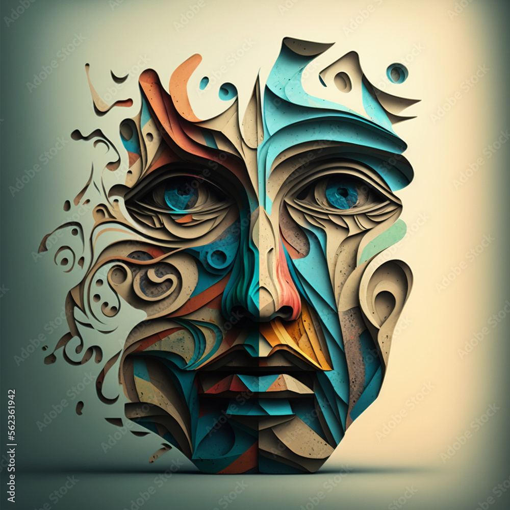 Surrealist face made of abstract shapes in the style of Salvador Dali ...
