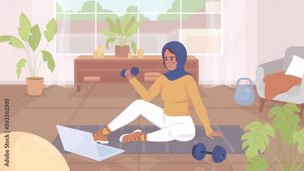 Animated weight loss training. Lady doing exercise with dumbbells ...