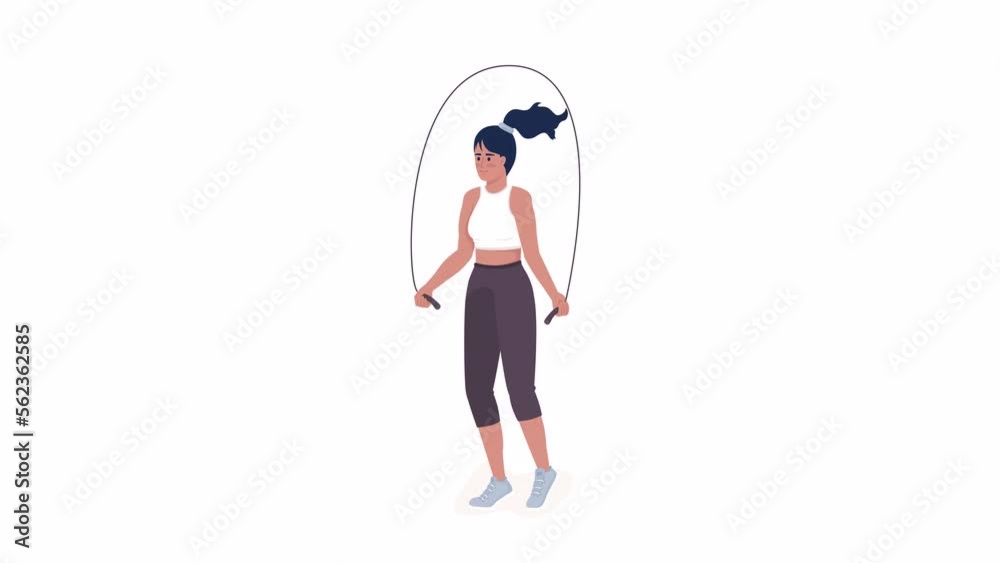 Animated woman jumping rope. Reducing belly fat. Full body flat person ...