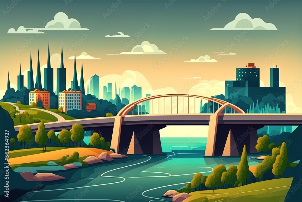 parallax backdrop of a scenic scene with a bridge over a river, houses ...