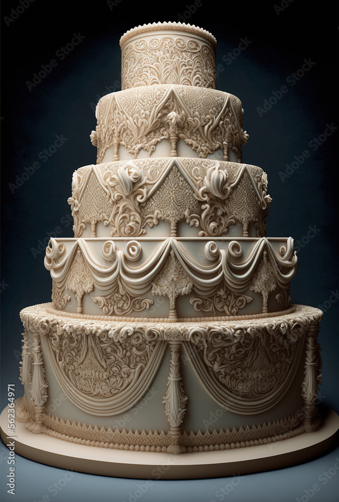 Tall wedding cake with intricate patterns. Detailed cake. Fancy wedding ...