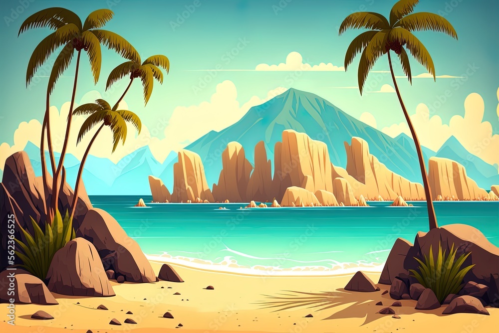 Scenery of a tropical beach, palm palms, and a mountain range cartoon ...