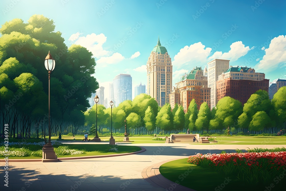 In this panoramic backdrop, we see a public park in the city during the ...