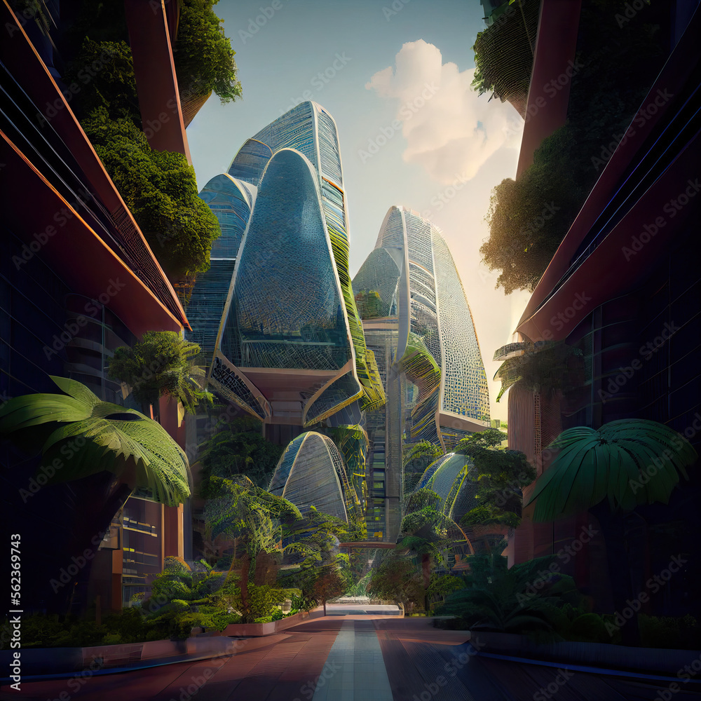 High-rise and Strange shaped buildings.Tree-lined.Concept Art Scenery ...