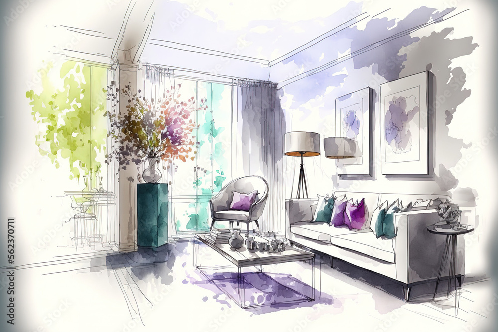 Interior sketch design in . Conceptual watercolor drawing with a ...