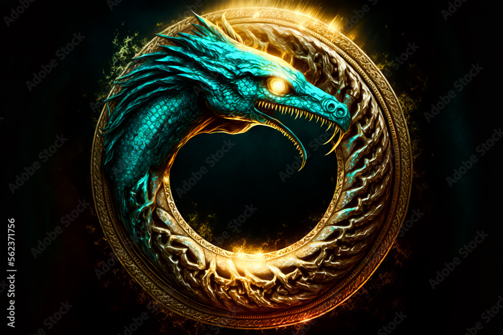 Ouroboros snake swallowing its own tail, symbol on black background ...