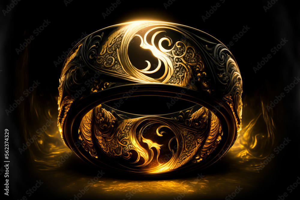 Magic golden ring with patterns. Ring with golden lights sparkles on ...