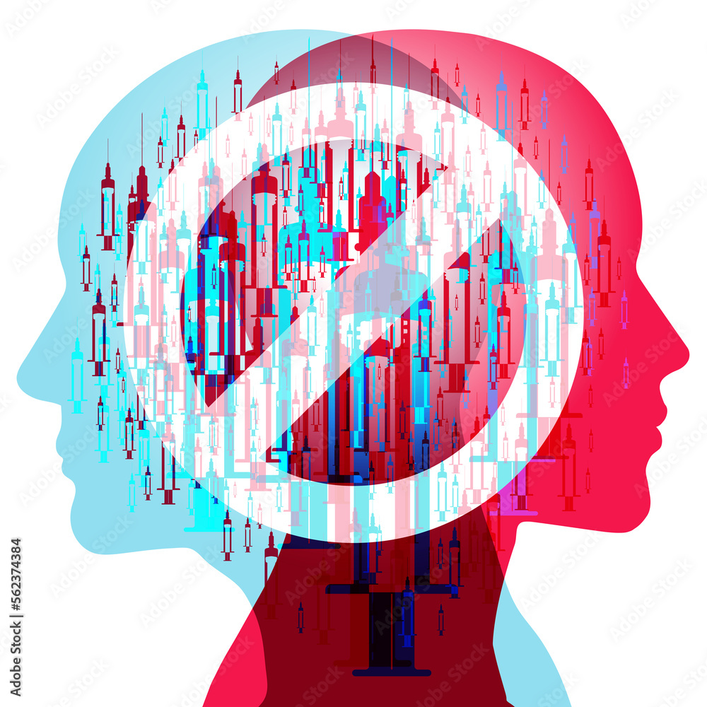 2 side back-to-back figure silhouette overlaid with various sized semi ...