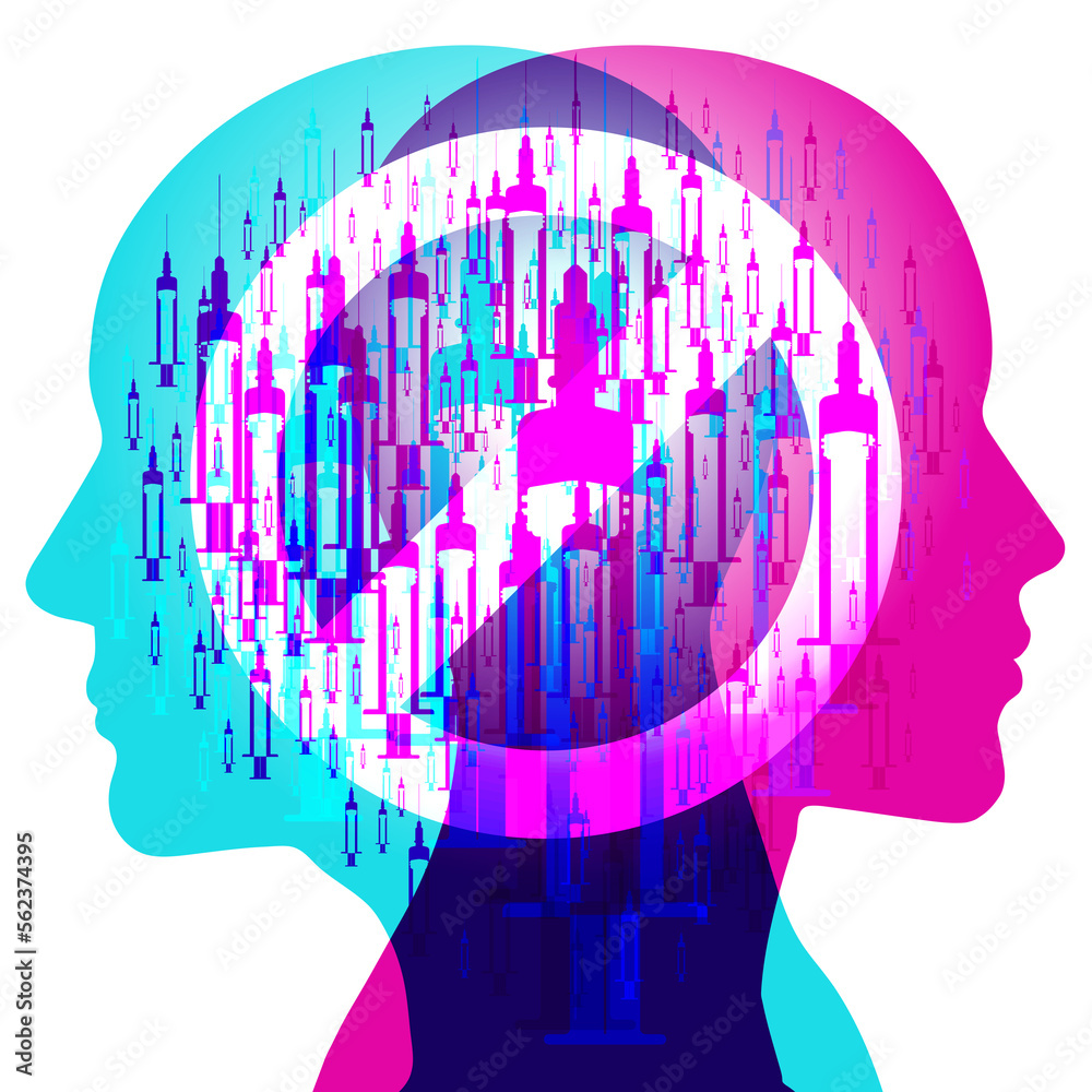 2 side back-to-back figure silhouette overlaid with various sized semi ...