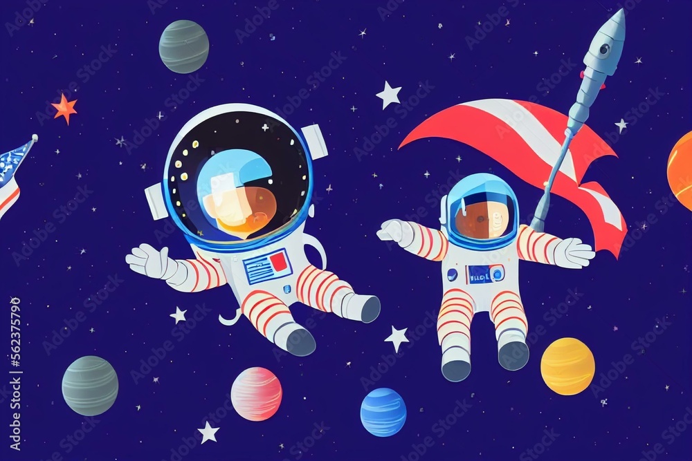 Cartoon astronaut character set isolated on black background. Vector ...