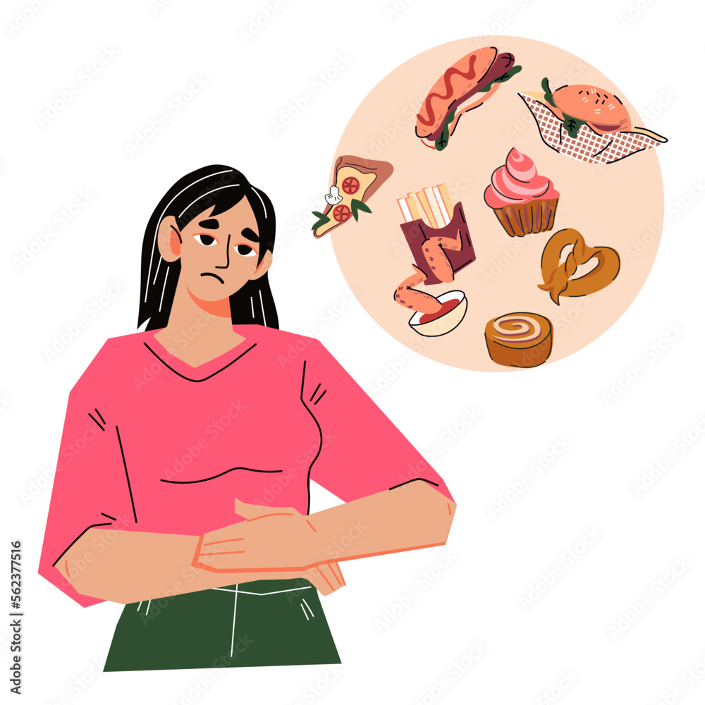 Hungry woman hold her stomach feeling pain and discomfort of hunger ...