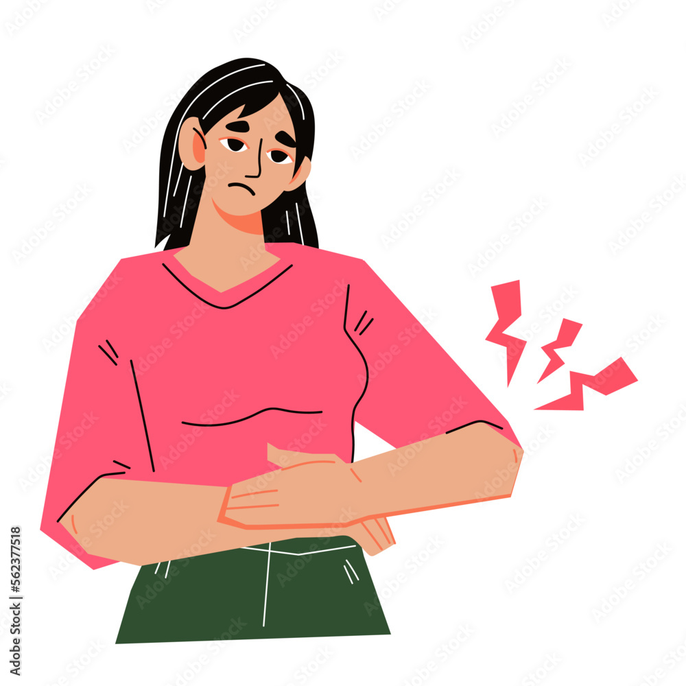 Woman holds her stomach feeling pain and discomfort, flat cartoon ...