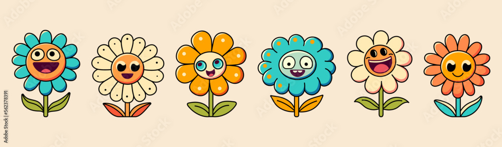 Retro flower groovy sticker ,vector cute cartoon character with smiley ...