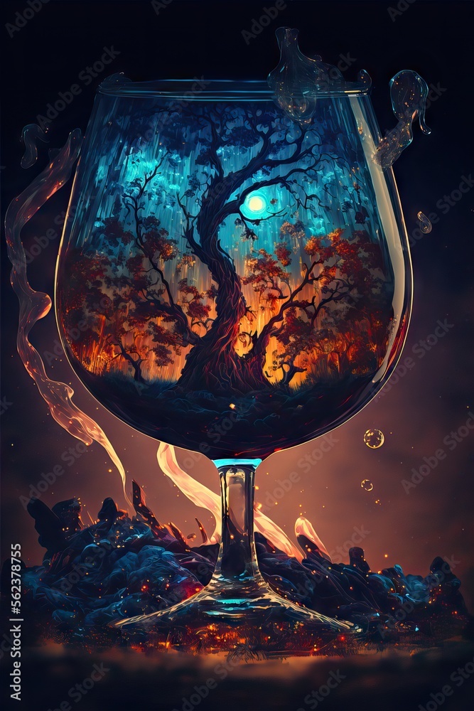 A crystal cup filled with magical wine, reflecting the universe and the ...
