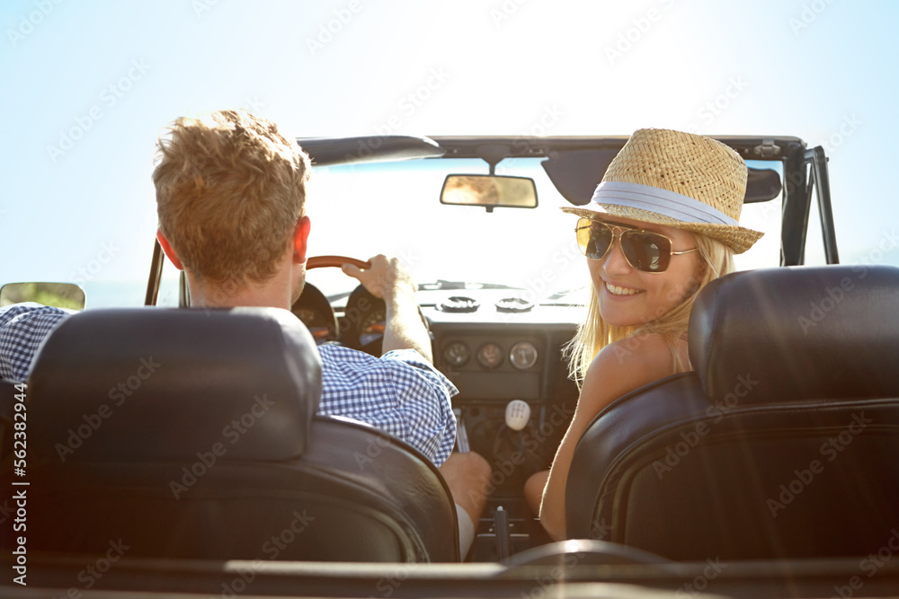 Car travel, road trip and back portrait of couple on bonding holiday ...